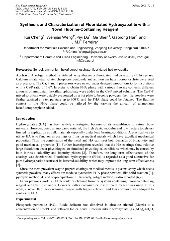 Synthesis and Characterization of Fluoridated Hydroxyapatite with a ...