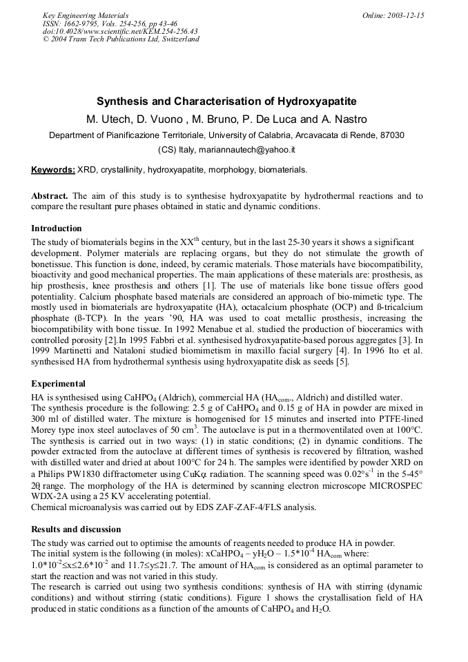 Synthesis and Characterisation of Hydroxyapatite | Scientific.Net