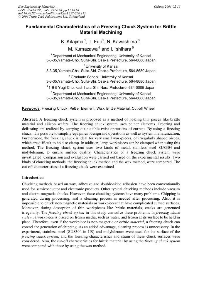 Fundamental Characteristics of a Freezing Chuck System for Brittle ...