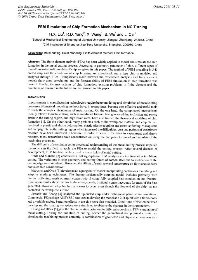 FEM Simulation of Chip Formation Mechanism in NC Turning | Scientific.Net