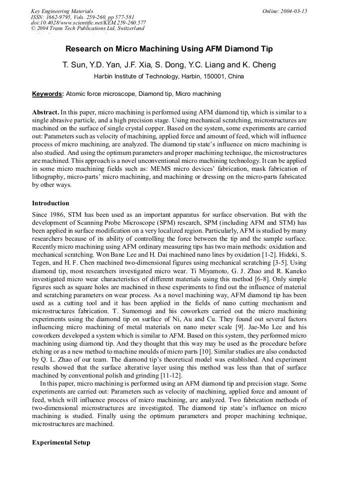 Research on Micro Machining Using AFM Diamond Tip | Scientific.Net