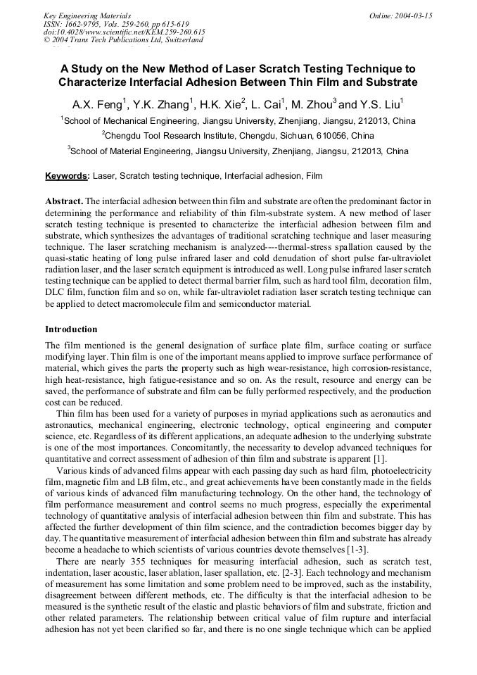 A Study on the New Method of Laser Scratch Testing Technique to ...