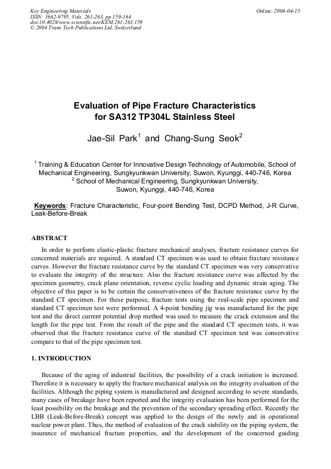 Evaluation of Pipe Fracture Characteristics for SA312 TP304L Stainless ...