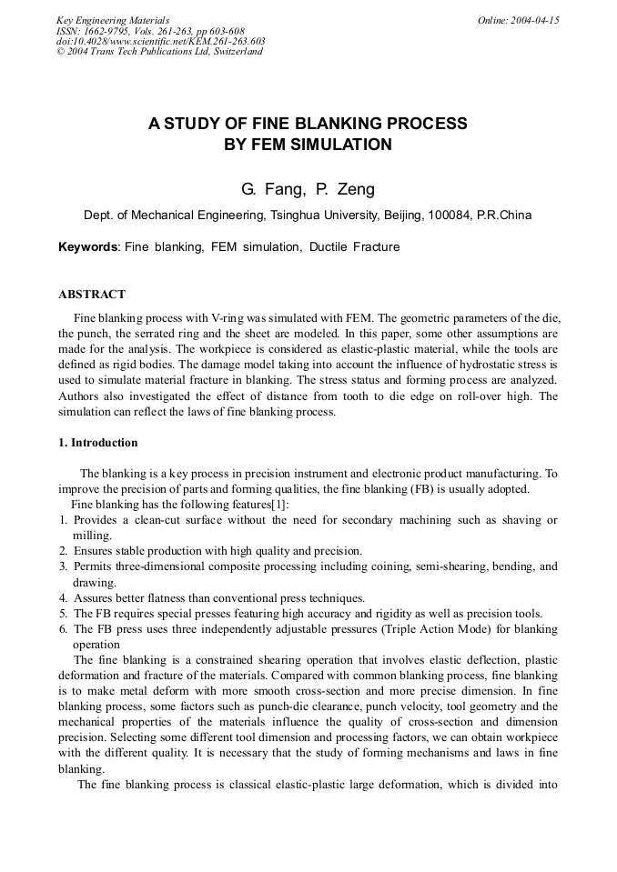 A Study of Fine Blanking Process by FEM Simulation | Scientific.Net