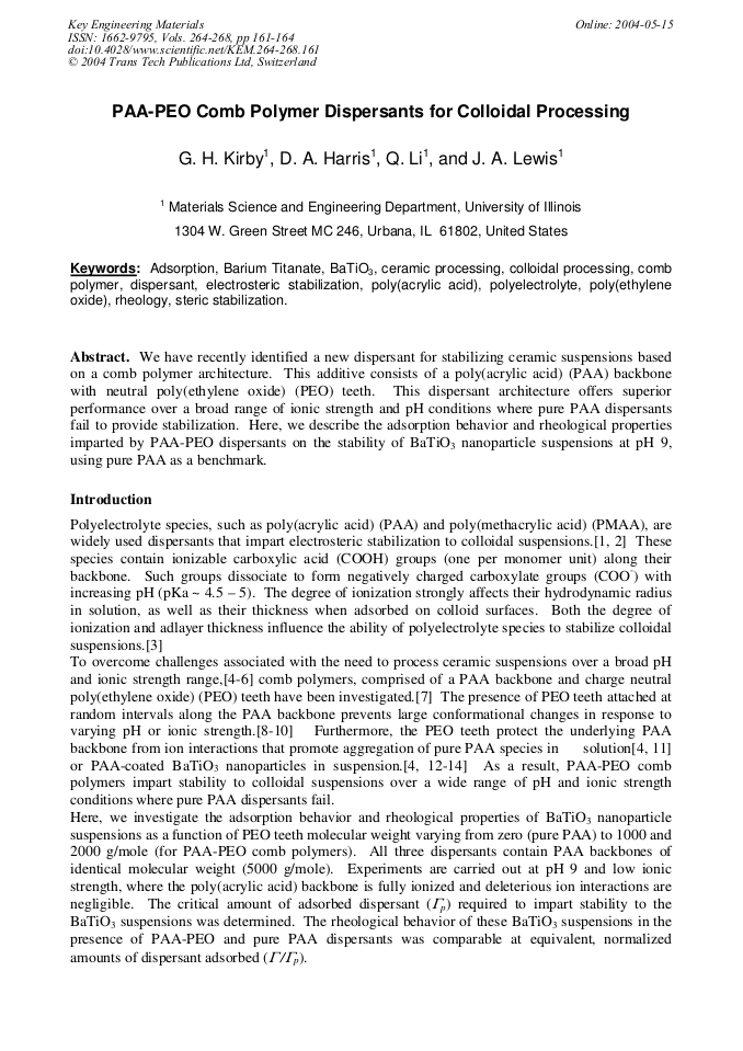 PAA-PEO Comb Polymer Dispersants for Colloidal Processing | Scientific.Net