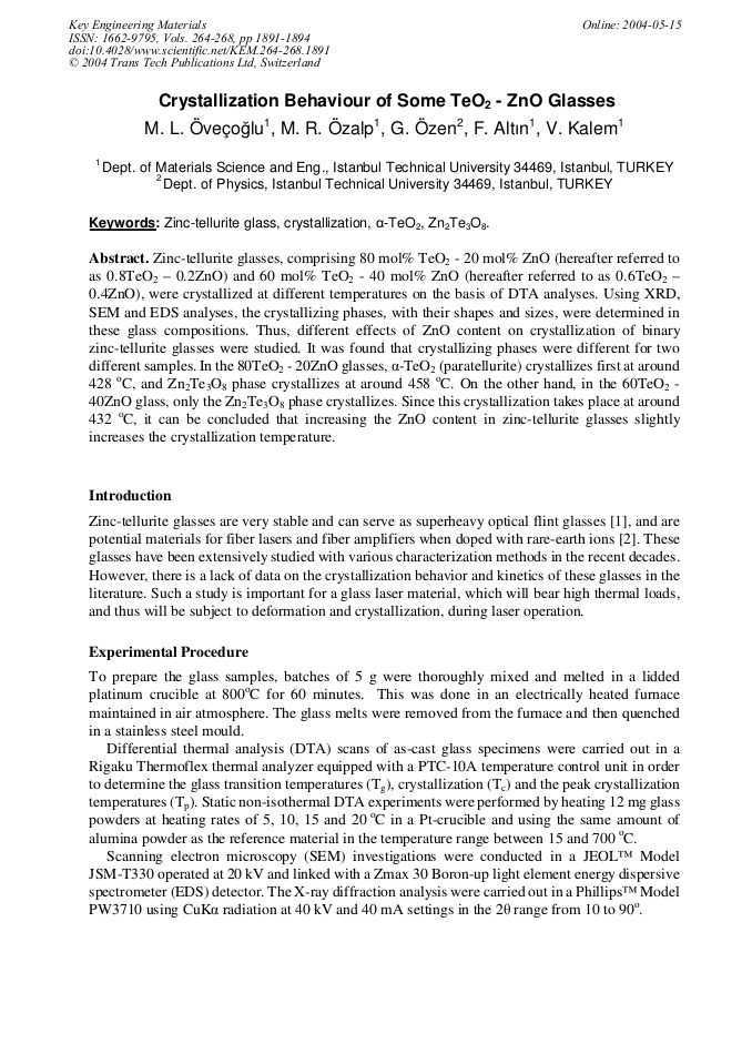 Crystallization Behaviour of some TeO2-ZnO Glasses | Scientific.Net
