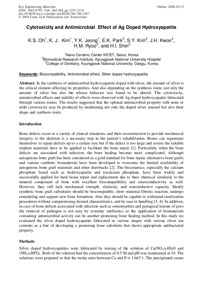 Cytotoxicity and Antimicrobial Effect of Ag Doped Hydroxyapatite ...