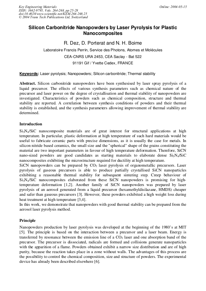 Silicon Carbonitride Nanopowders by Laser Pyrolysis for Plastic ...