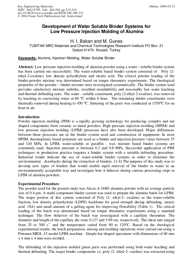 Development of Water Soluble Binder Systems for Low Pressure Injection ...