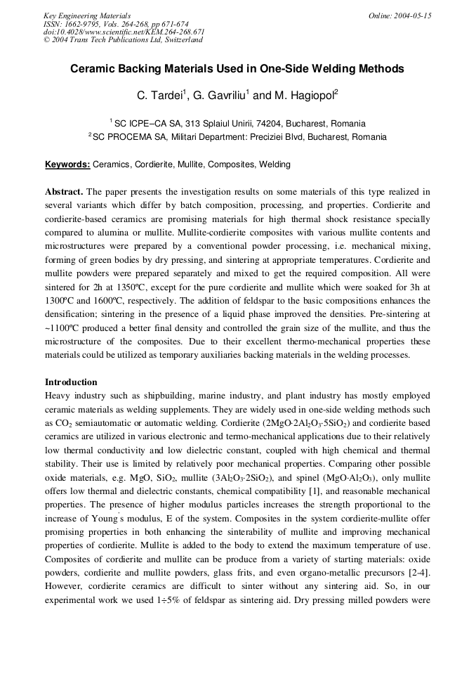 Ceramic Backing Materials Used in One-Side Welding Methods | Scientific.Net