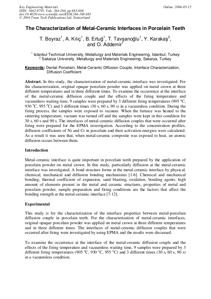 The Characterization of Metal-Ceramic Interfaces in Porcelain Teeth ...