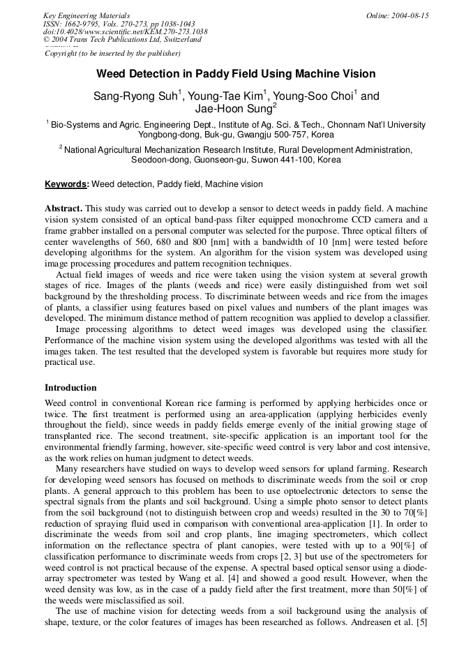 Weed Detection in Paddy Field Using Machine Vision | Scientific.Net