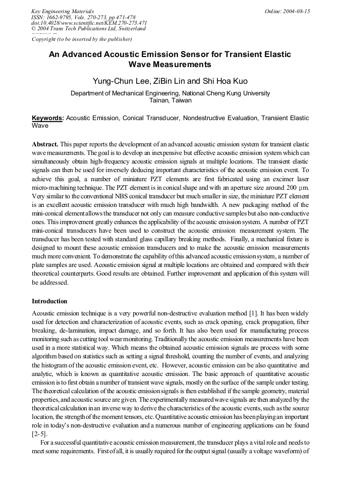 An Advanced Acoustic Emission Sensor for Transient Elastic Wave ...
