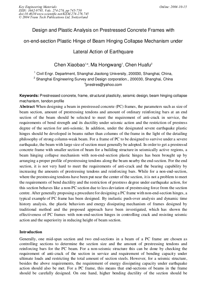 Design and Plastic Analysis on Prestressed Concrete Frames with Non-End ...