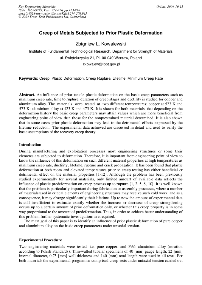 Creep of Metals Subjected to Prior Plastic Deformation | Scientific.Net