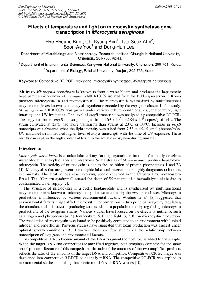 Effects of Temperature and Light on Microcystin Synthetase Gene ...