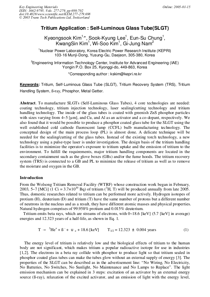 Tritium Application: Self-Luminous Glass Tube (SLGT) | Scientific.Net