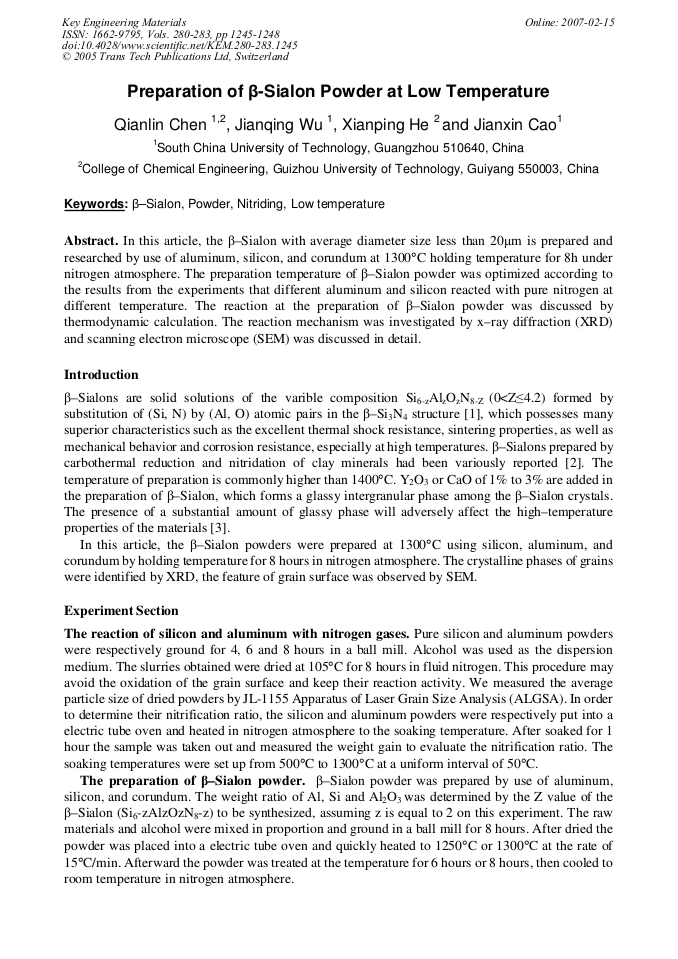 Preparation of β-SiAlON Powder at Low Temperature | Scientific.Net