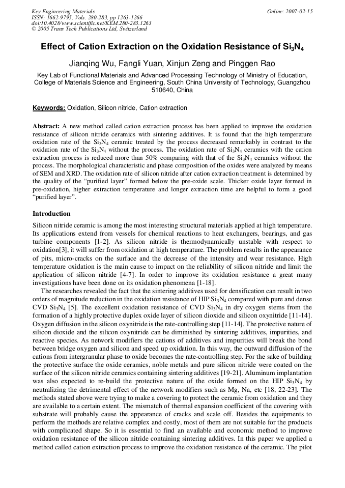 Effect of Cation Extraction on the Oxidation Resistance of Si3N4 ...
