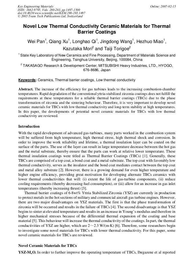 Novel Low Thermal Conductivity Ceramic Materials for Thermal Barrier ...