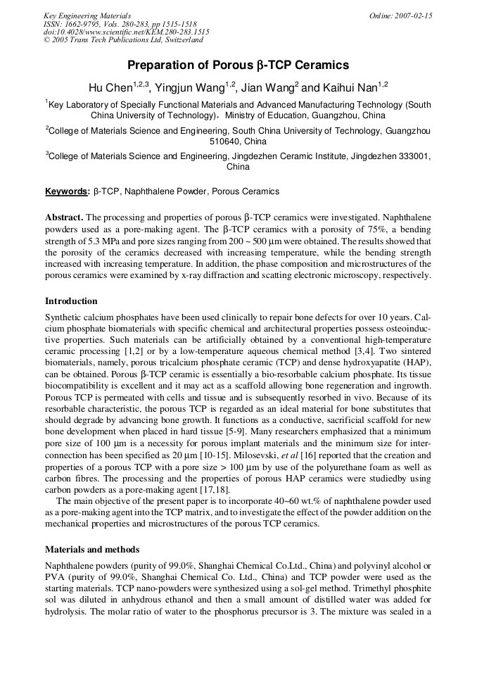 Preparation of Porous β-TCP Ceramics | Scientific.Net