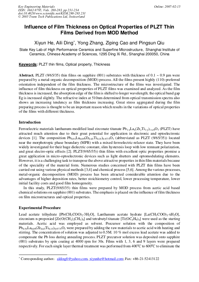 Influence of Film Thickness on Optical Properties of PLZT Thin Films ...