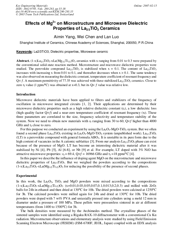Effects of Mg2+ on Microstructure and Microwave Dielectric Properties ...