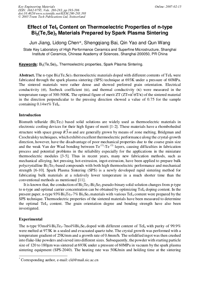 Effect of TeI4 Content on Thermoelectric Properties of N-Type Bi2(Te,Se ...
