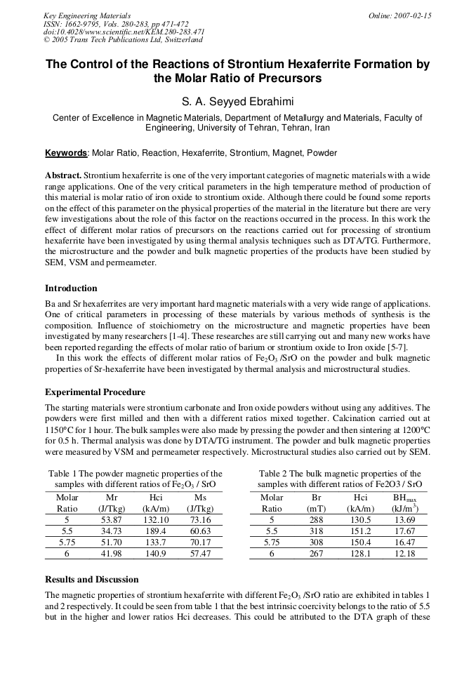 The Control of the Reactions of Strontium Hexaferrite Formation by the ...
