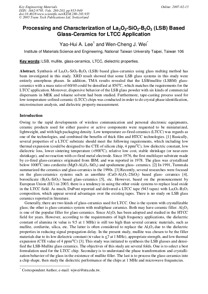 Processing and Characterization of La2O3-SiO2-B2O3 (LSB) Based Glass-Ceramics for LTCC ...