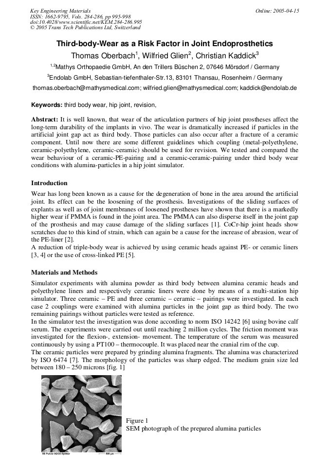 Third-Body-Wear as a Risk Factor in Joint Endoprosthetics | Scientific.Net