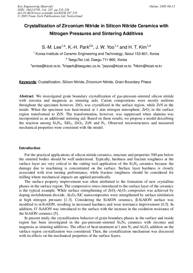 Crystallization of Zirconium Nitride in Silicon Nitride Ceramics with ...