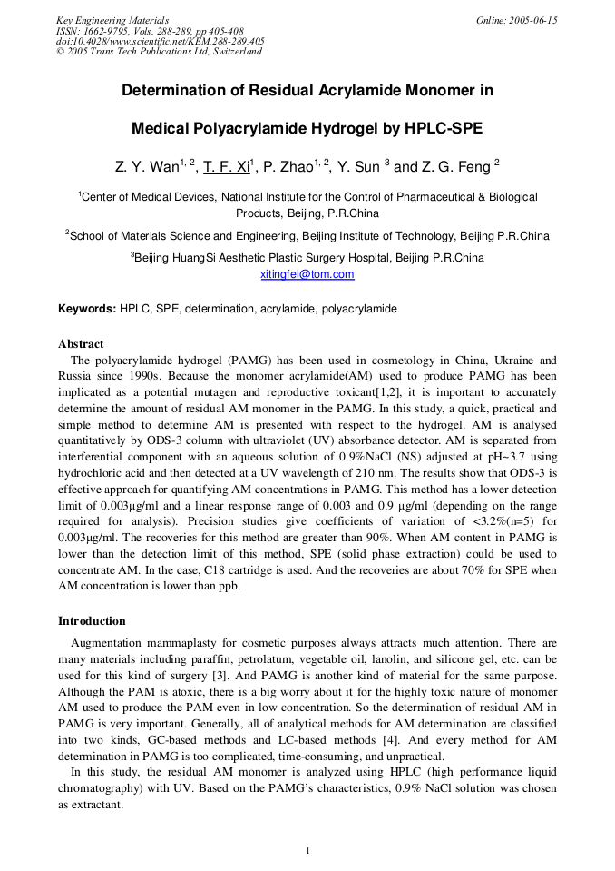 Determination of Residual Acrylamide Monomer in Medical Polyacrylamide ...