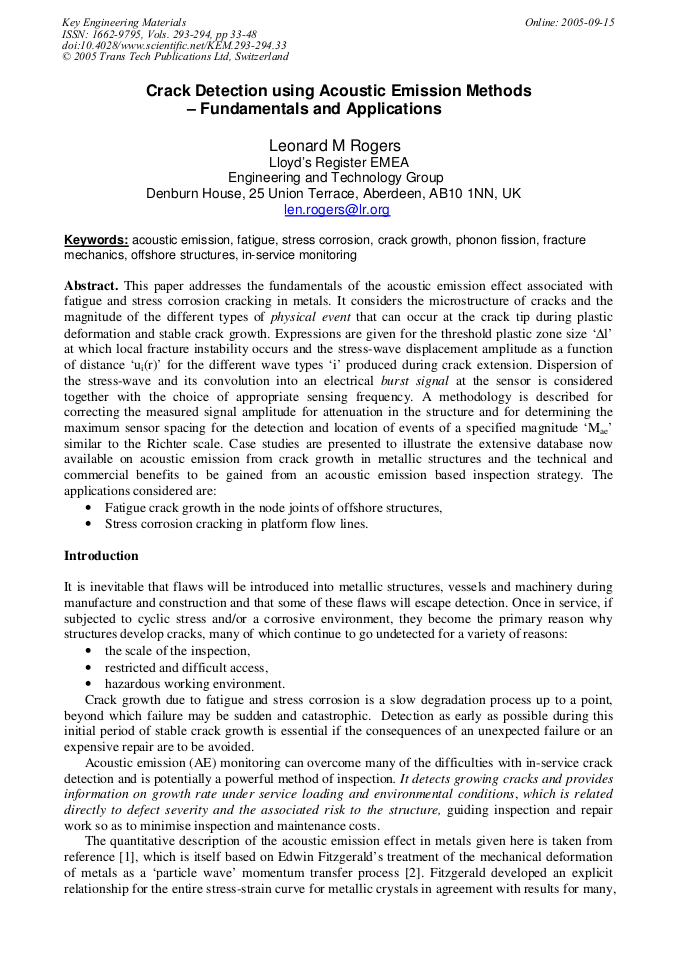 Crack Detection Using Acoustic Emission Methods Fundamentals And Applications Scientific Net