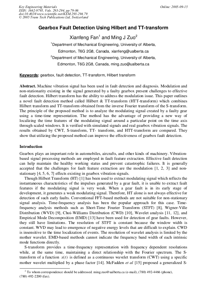 Gearbox Fault Detection Using Hilbert And Tt Transform Scientificnet 9224