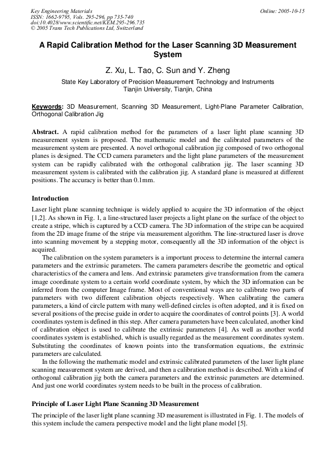 A Rapid Calibration Method for the Laser Scanning 3D Measurement System ...