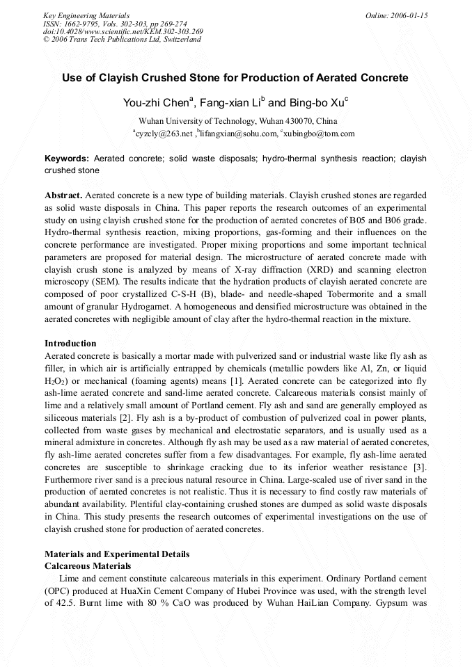 Use of Clayish Crushed Stone for Production of Aerated Concrete ...