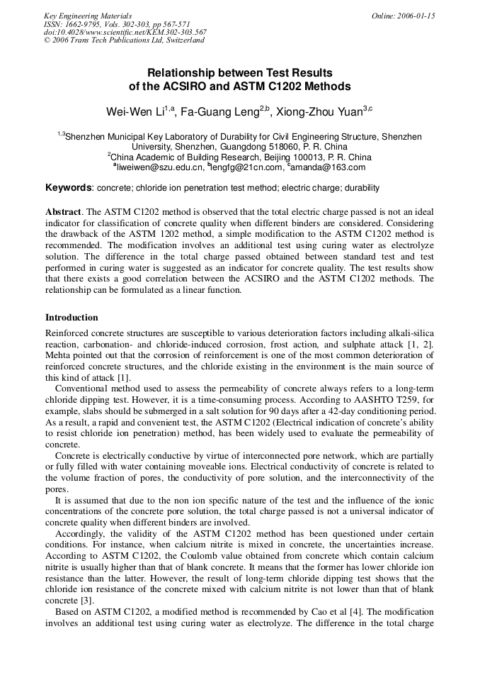 Relationship between Test Results of the ACSIRO and ASTM C1202 Methods ...