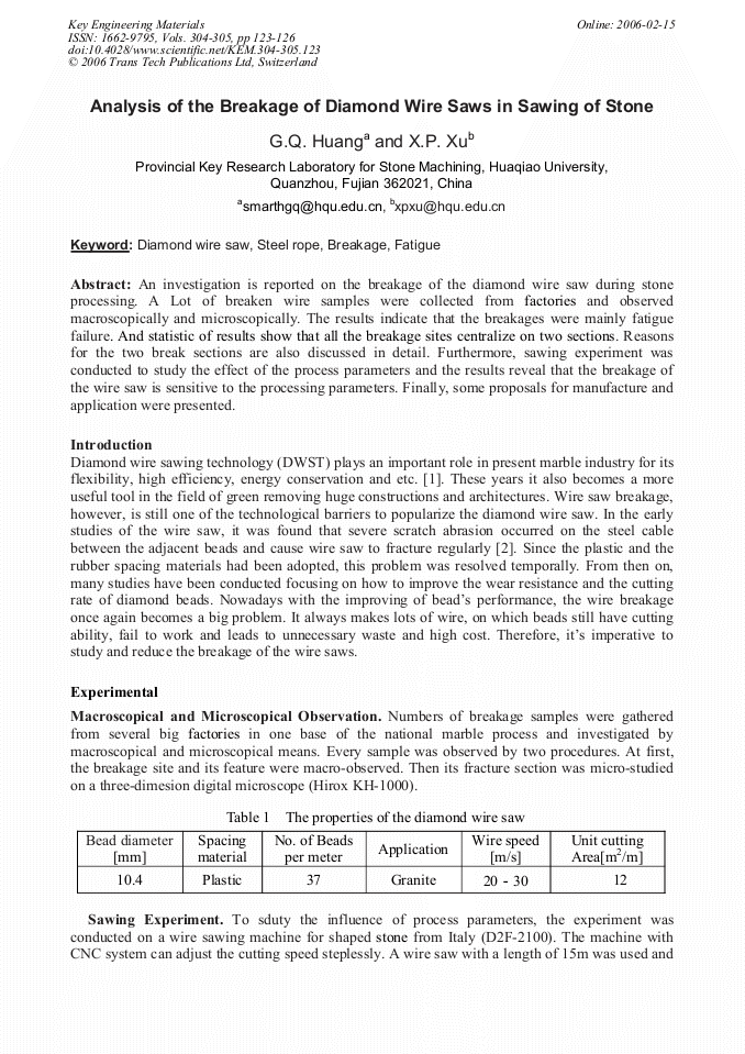 Analysis of the Breakage of Diamond Wire Saws in Sawing of Stone ...