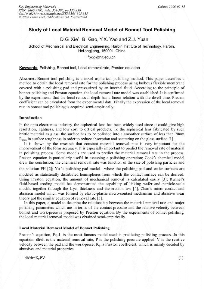 Study of Local Material Removal Model of Bonnet Tool Polishing ...