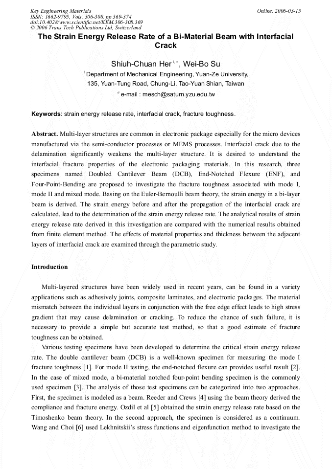 The Strain Energy Release Rate of a Bi-Material Beam with Interfacial ...
