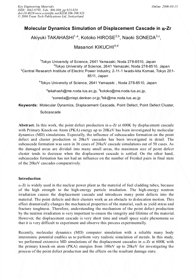 Molecular Dynamics Simulation of Displacement Cascade in α-Zr ...