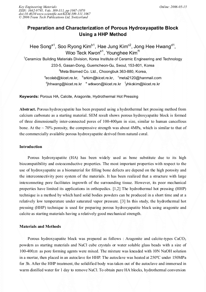 Preparation and Characterization of Porous Hydroxyapatite Block Using a ...