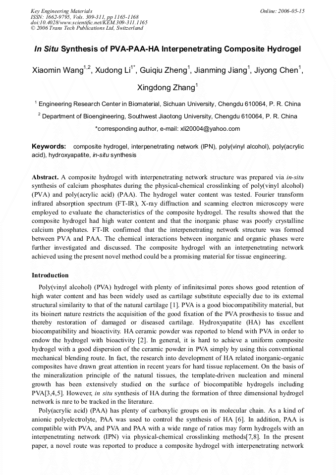 In Situ Synthesis of PVA-PAA-HA Interpenetrating Composite Hydrogel ...