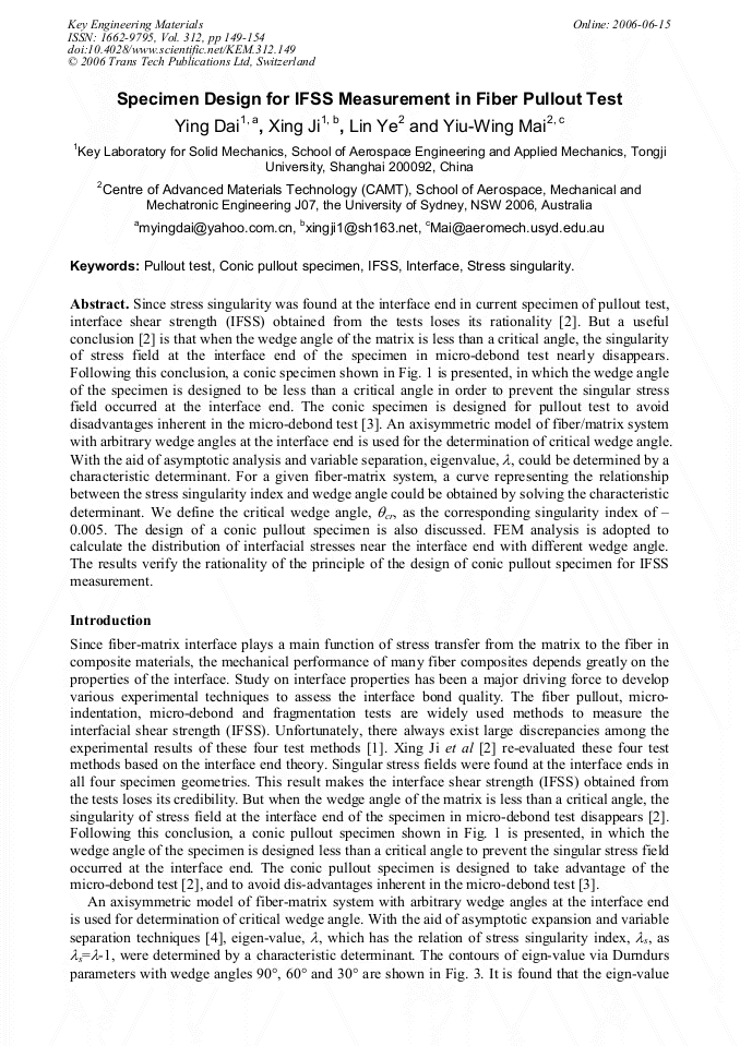 Specimen Design for IFSS Measurement in Fiber Pullout Test | Scientific.Net