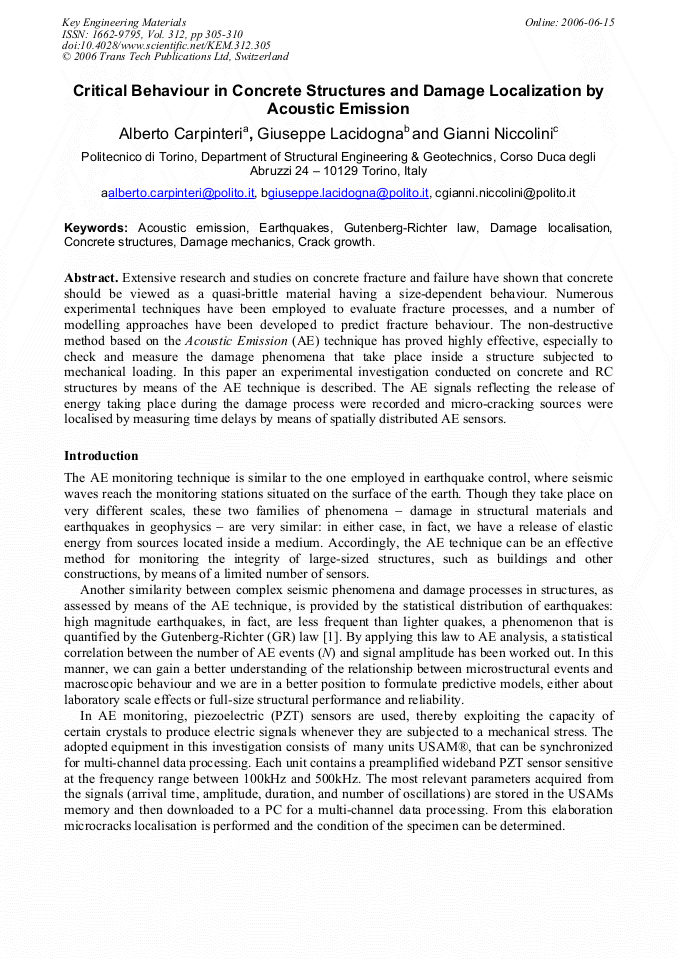 Critical Behaviour in Concrete Structures and Damage Localization by ...