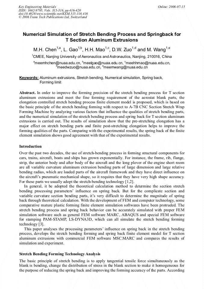 Numerical Simulation of Stretch Bending Process and Springback for T ...