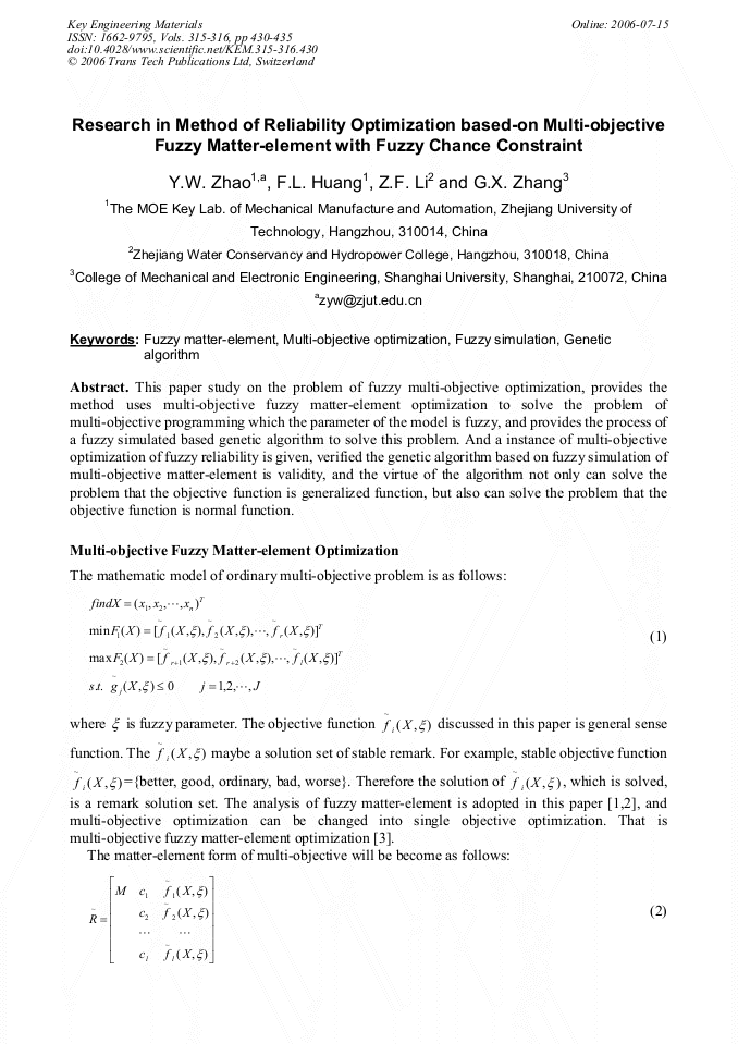 Research in Method of Reliability Optimization Based-On Multi-Objective Fuzzy Matter-Element ...