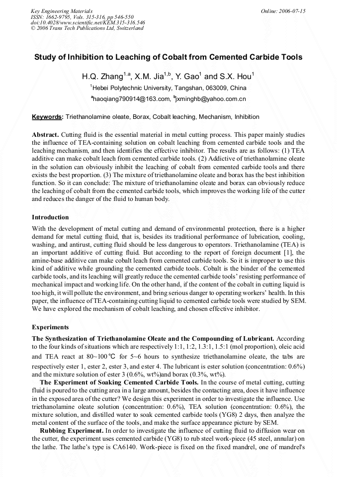 Study of Inhibition to Leaching of Cobalt from Cemented Carbide Tools ...