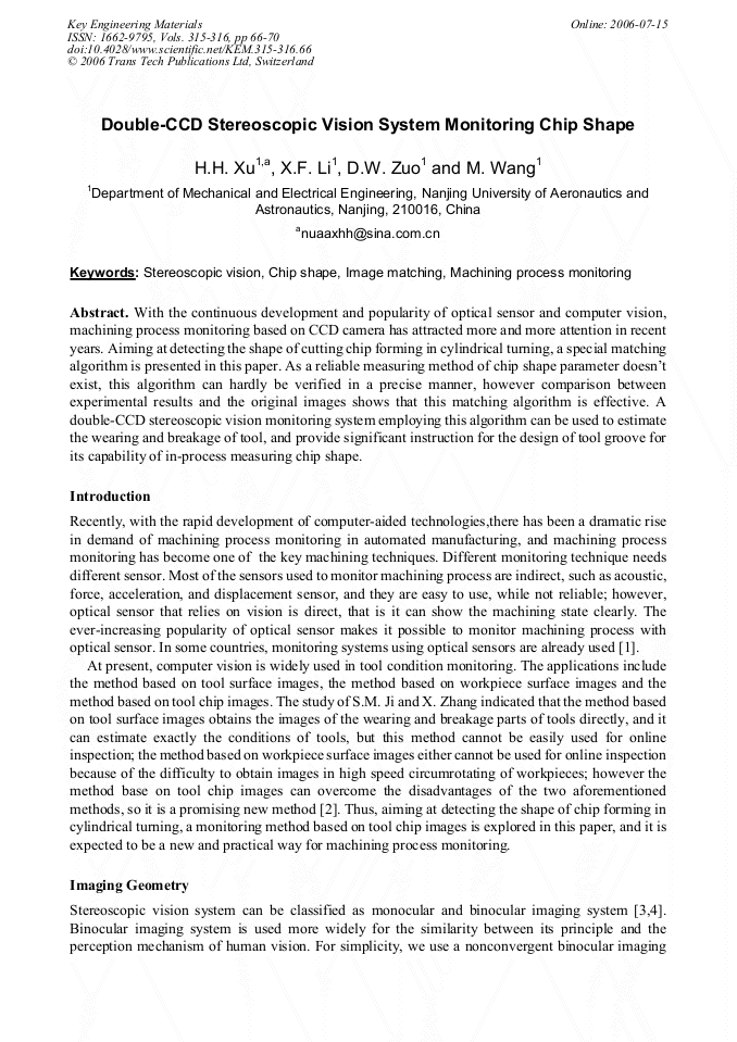 Double-CCD Stereoscopic Vision System Monitoring Chip Shape ...